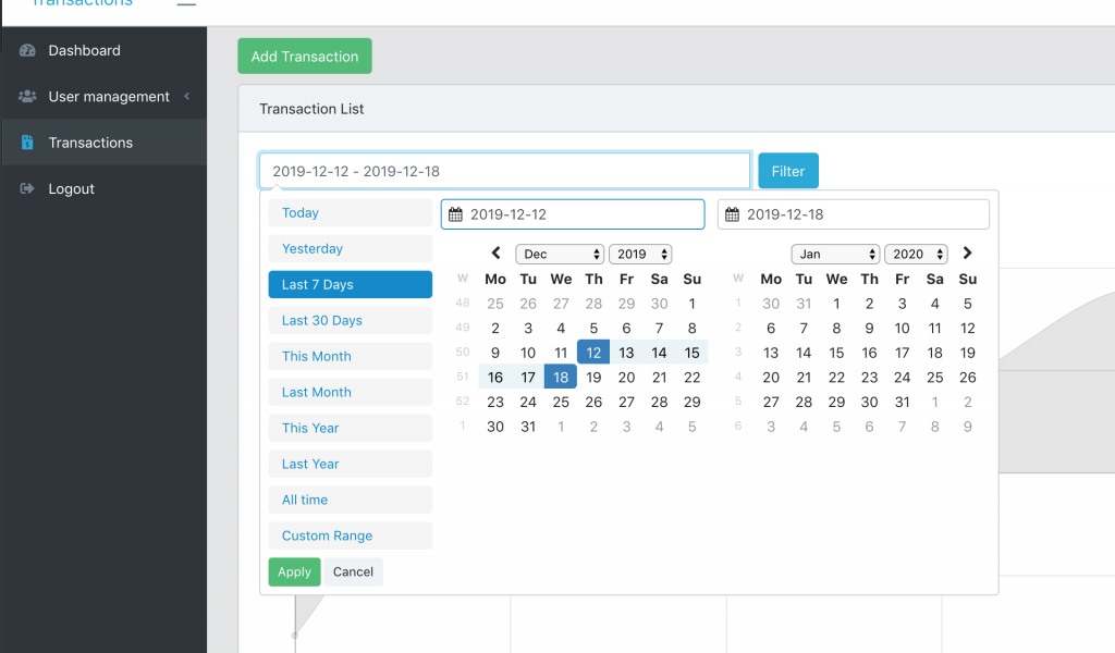Demo Transactions Datatables With Date Range Filter And Chart On Top 